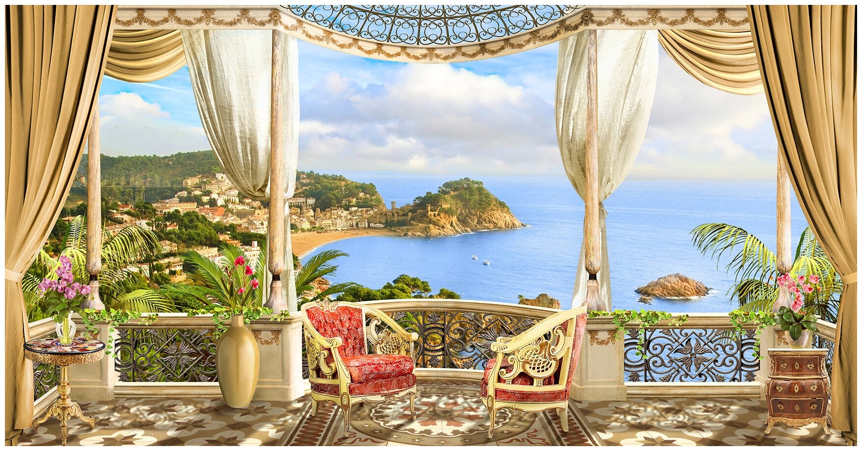Фотообои Уютная стена "Балкон с видом на море в классическом стиле" 520х270 см Виниловые Бесшовные (единым полотном)