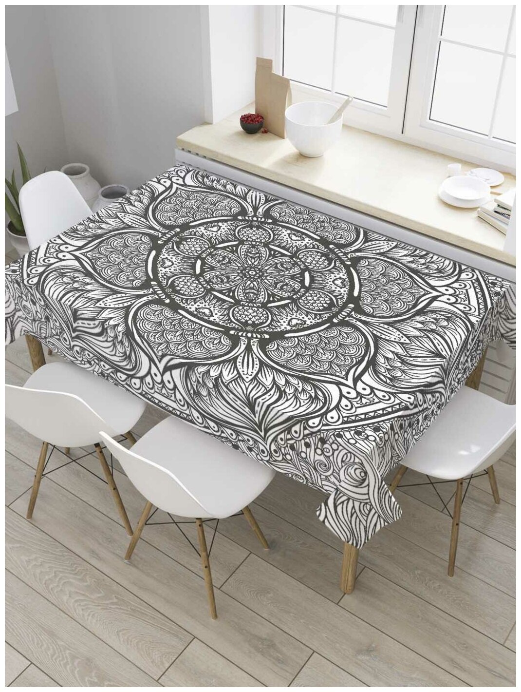 Прямоугольная водоотталкивающая скатерть на стол "Цветочная раскраска" 145х180, JoyArty