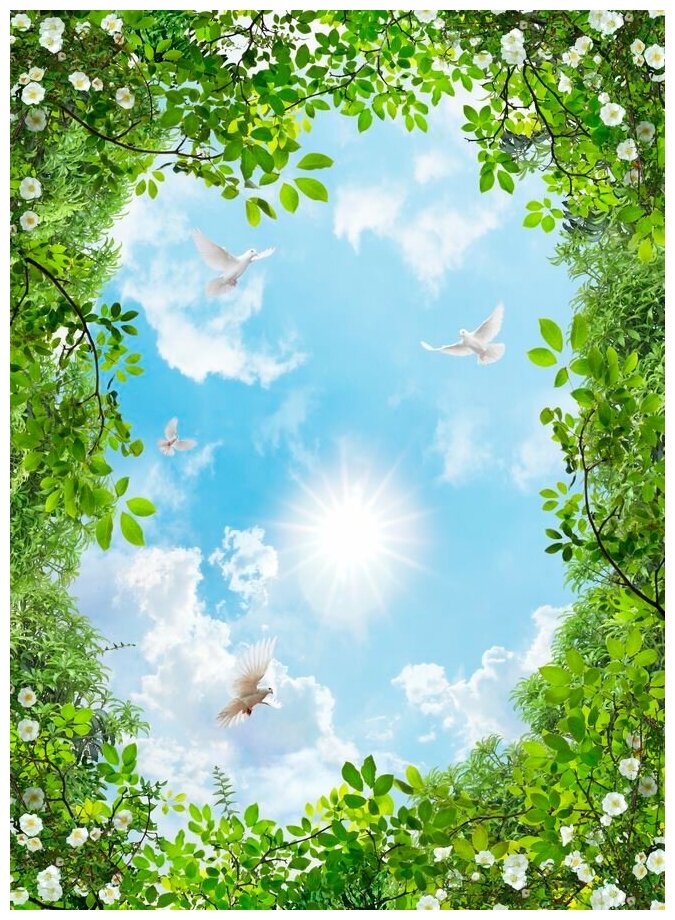 Фотообои Уютная стена "Голуби вокруг солнца" 200х270 см Бесшовные Премиум (единым полотном)