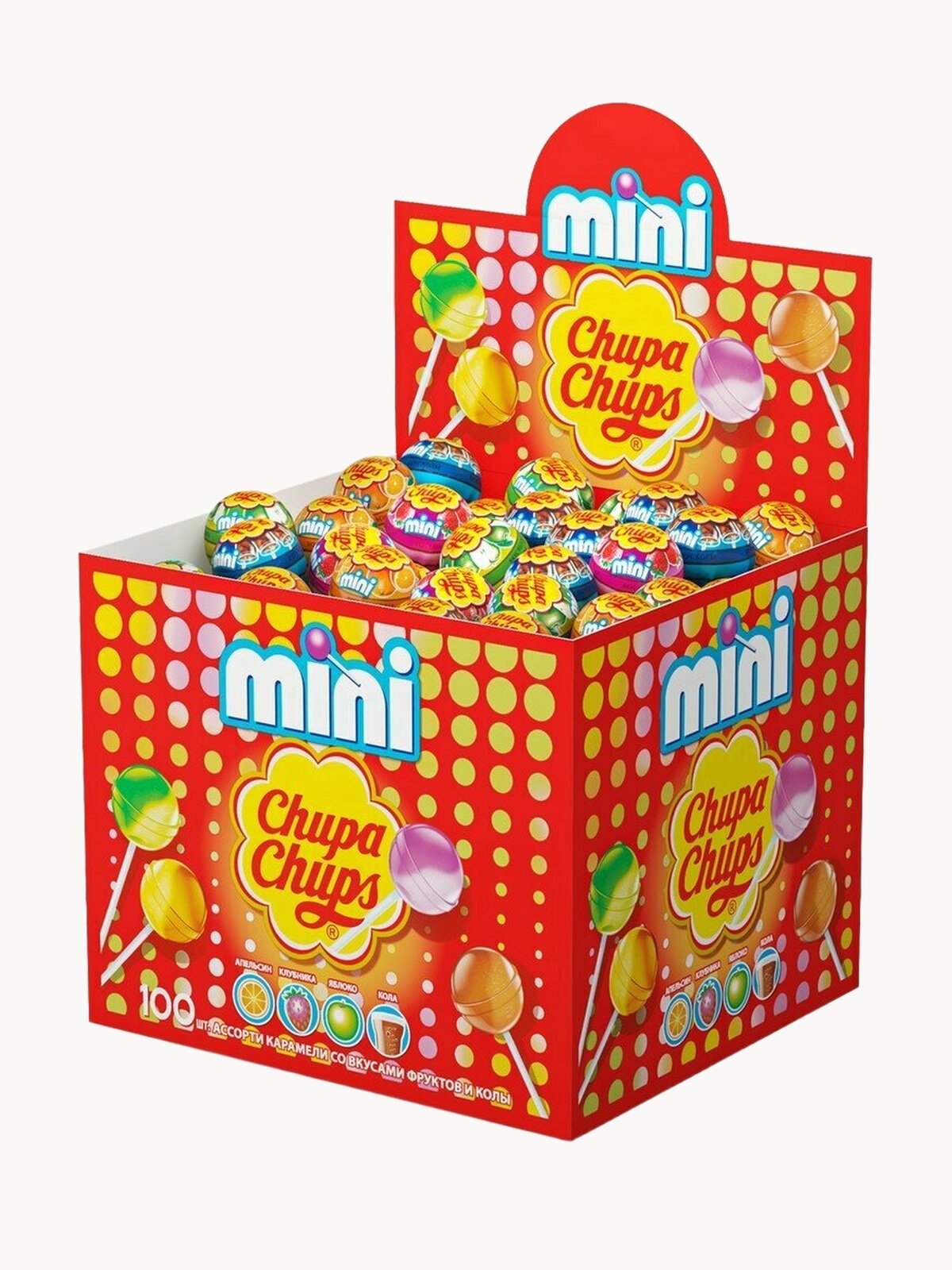 Карамель Chupa Chups Мини, вкусы: клубника, яблоко, апельсин, кола, 100 шт по 6 г