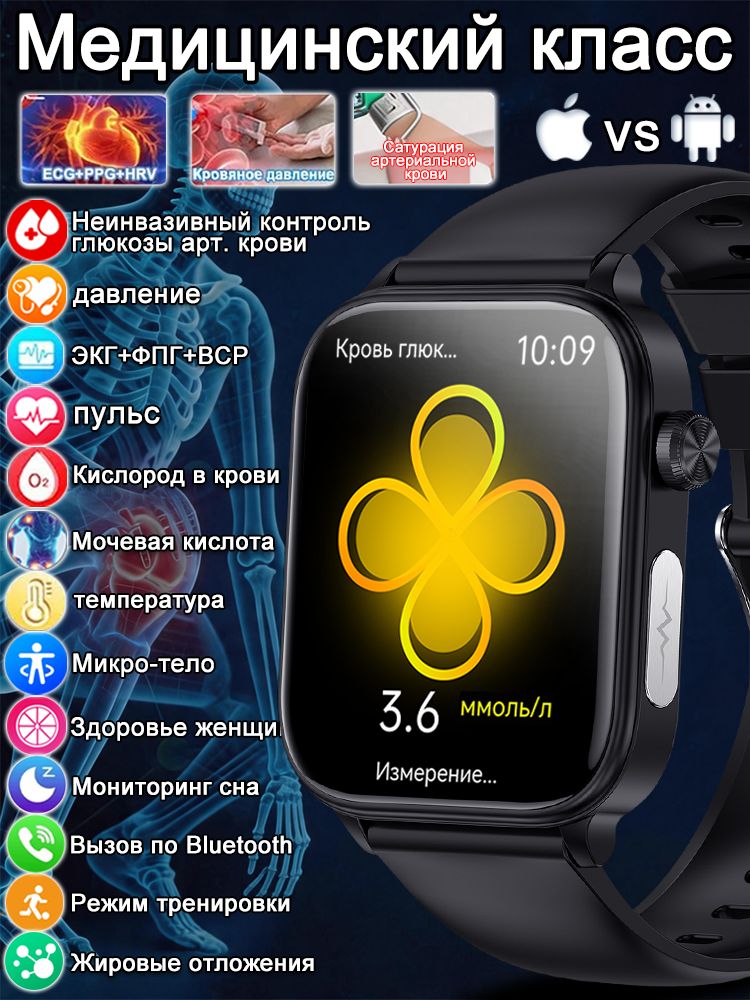 GUHUAVMI Смарт-часы Медицинские умные часы для мужчин и женщин, мини-обследование здоровья, ЭКГ+ФПГ+ВСР+HRV, контроль глюкозы, давления, пульса, кислорода, мочевой кислоты, температуры, микротело, сон, Bluetooth звонки, спорт смарт часы, 38mm, черное