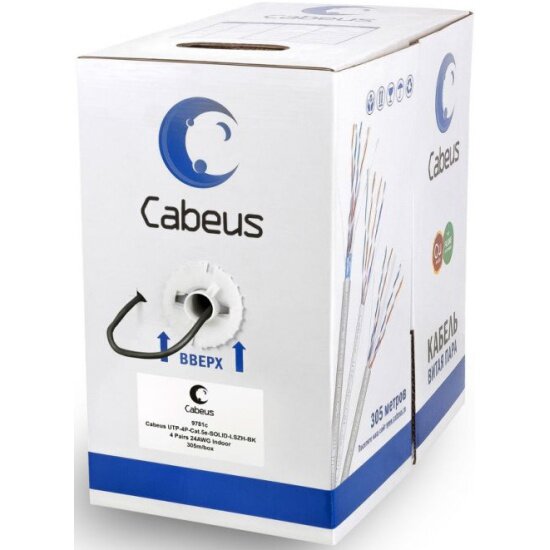 Кабель витая пара Cabeus UTP-4P-Cat.5e-SOLID-LSZH-BK UTP (U/UTP), категория 5e, 4 пары (24 AWG), одножильный, черный, LSZH
