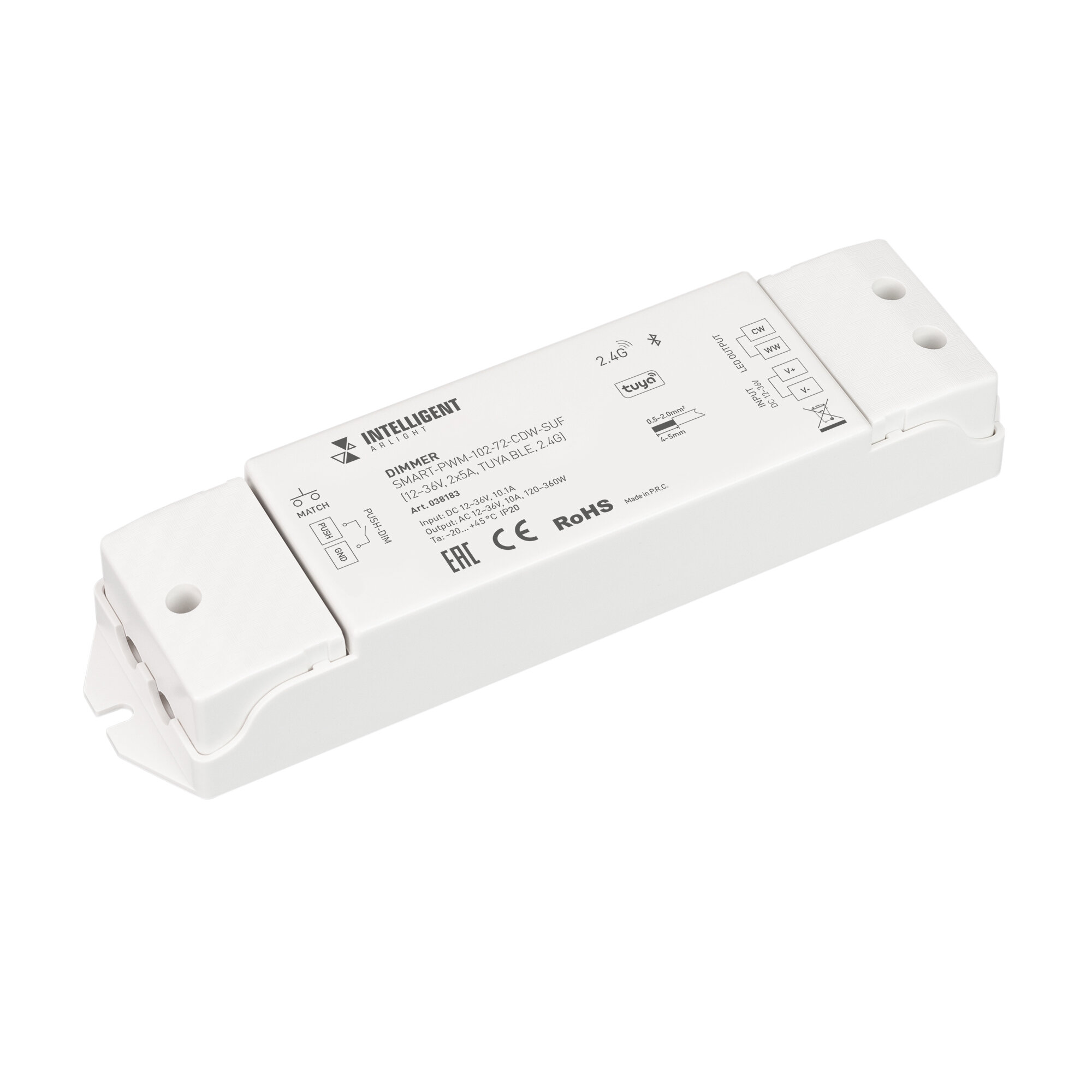 Диммер Arlight INTELLIGENT ARLIGHT Диммер SMART-PWM-102-72-CDW-SUF (12-36V, 2x5A, TUYA BLE, 2.4G) (IARL, IP20 Пластик, 5 лет)