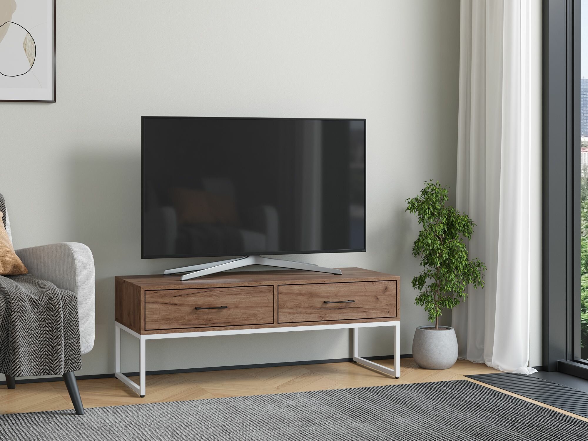 Тумба под ТВ Айсберг Лофт 120 с ящиками Белый/дуб крафт табак