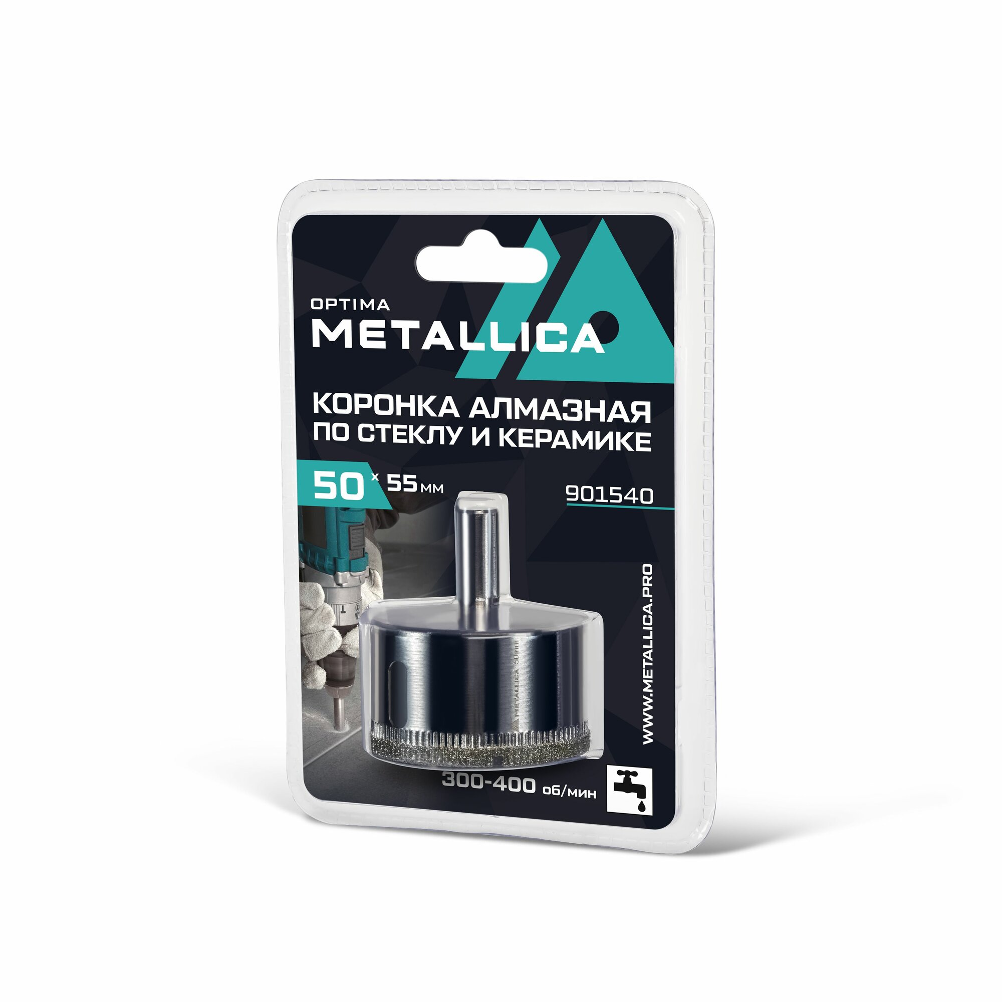Коронка алмазная METALLICA Optima 50x55 мм, #80, по стеклу, плитке, 1 шт, в блистере.