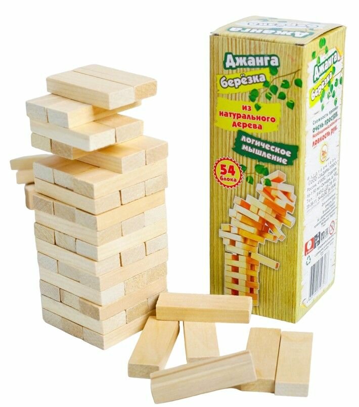Падающая башня "Березка", развлекательная головоломка, настольная игра на баланс для всей семьи и компании, развитие ловкости и скорости реакции, 54 деревянных бруска, 18.5х6.5 см