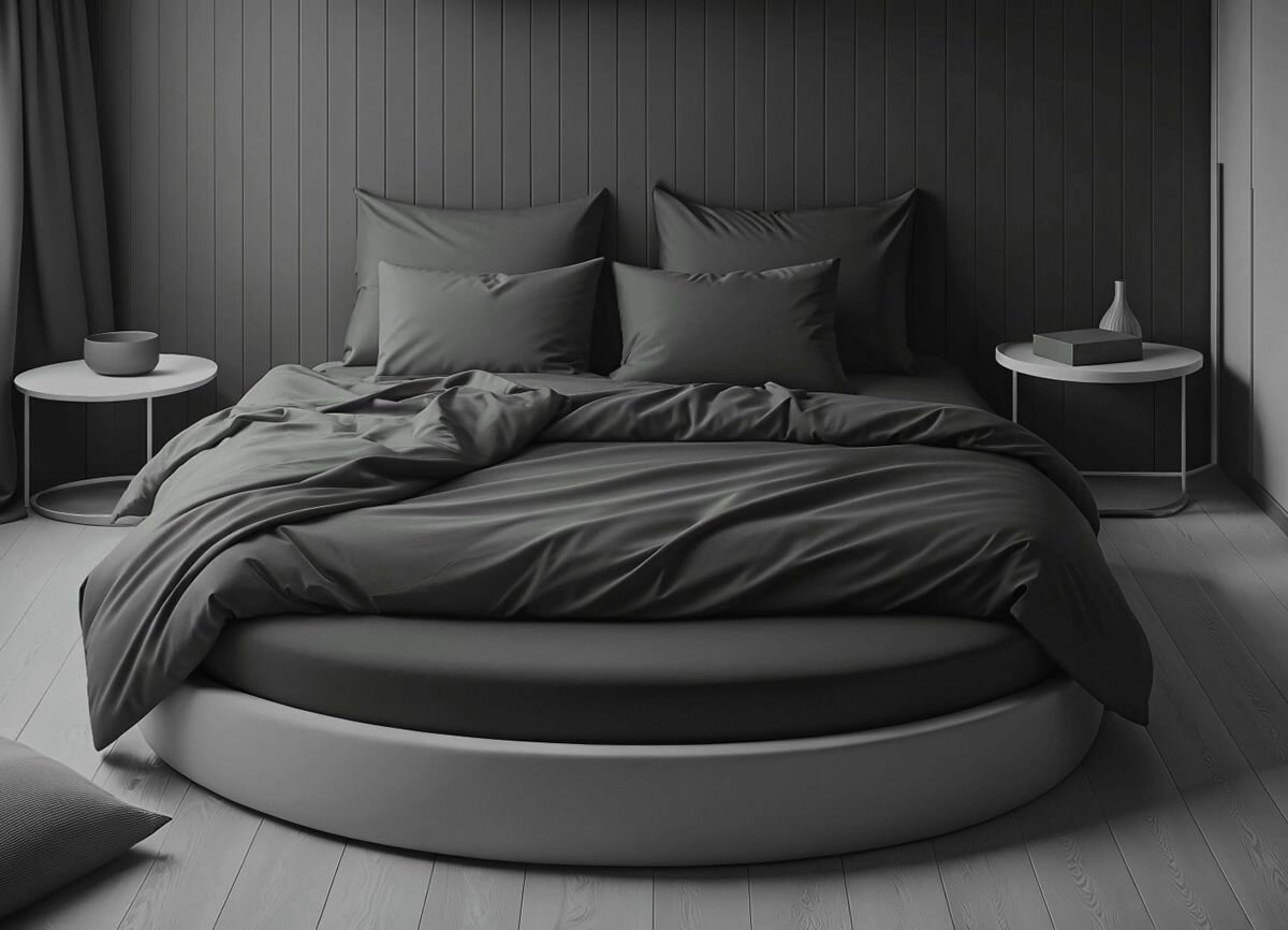 Простыня круглая из тенселя на резинке 240х240х30 - М - Темно-серый