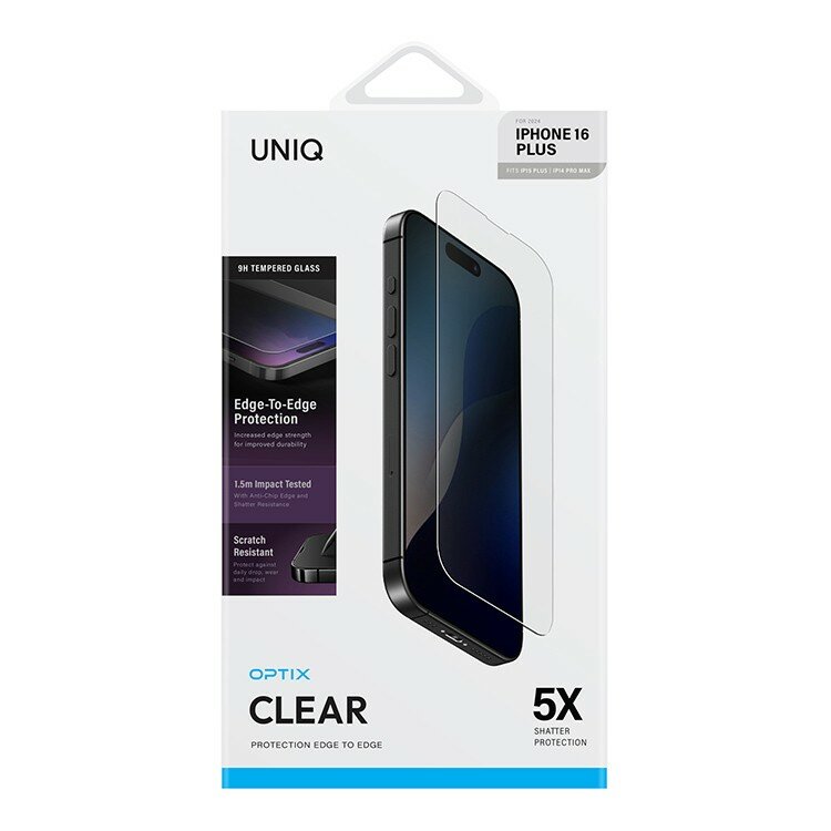 Uniq прозрачное стекло для iPhone 16 Plus, OPTIX Clear (+installer) безрамочное