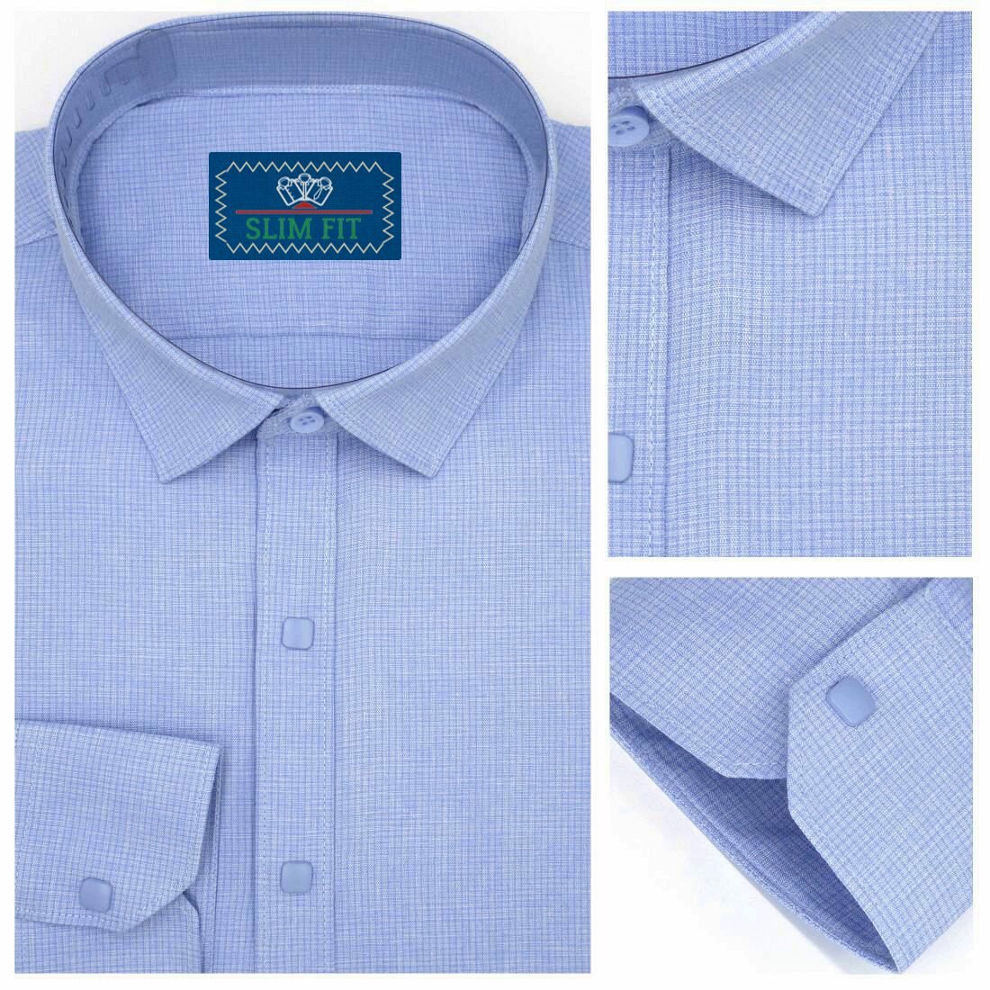 Рубашка Мужская рубашка с длинным рукавом приталенная, светлая сорочка на кнопках, рубаха на любой сезон, голубая мелкая клетка, без карманов, на любой сезон и на лето рубашка Slim fit с приталенным кроем зау