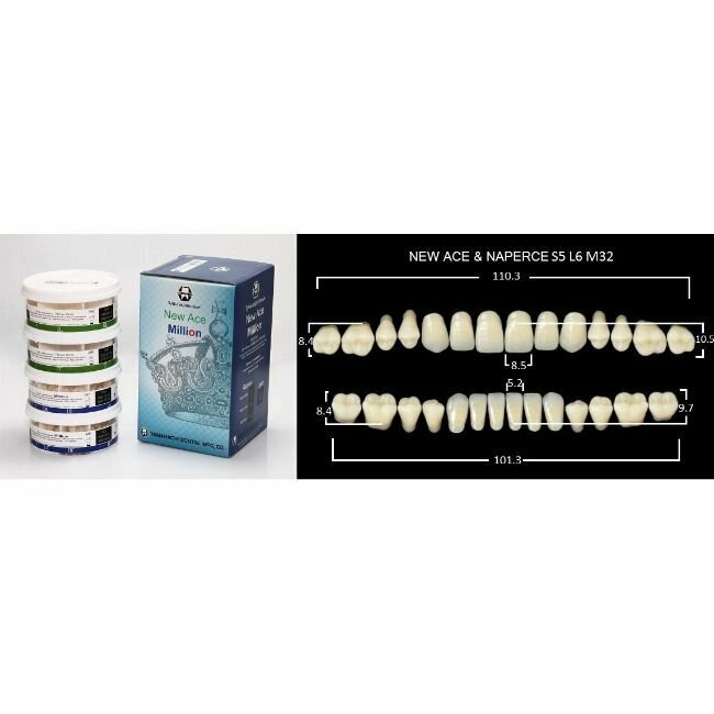 Зубы акриловые, вариант исполнения: New Асе -двухслойные, фронтальные, ф. S5/L6. Million -однослойные, жевательные, фас. M32 (верх/низ). Цвет A4; 20 гарнитуров в боксах.
