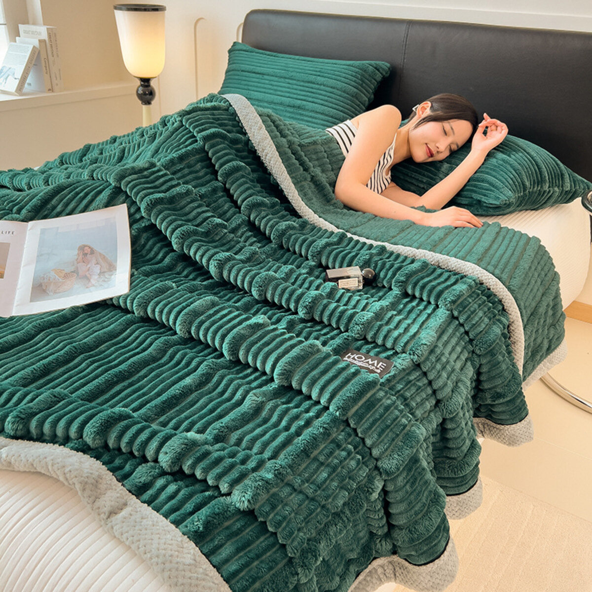 Ikea Class A Thickened Rabbit Plush Throw, Stripe, домашнее одеяло, темно-зеленый, 180*200 см