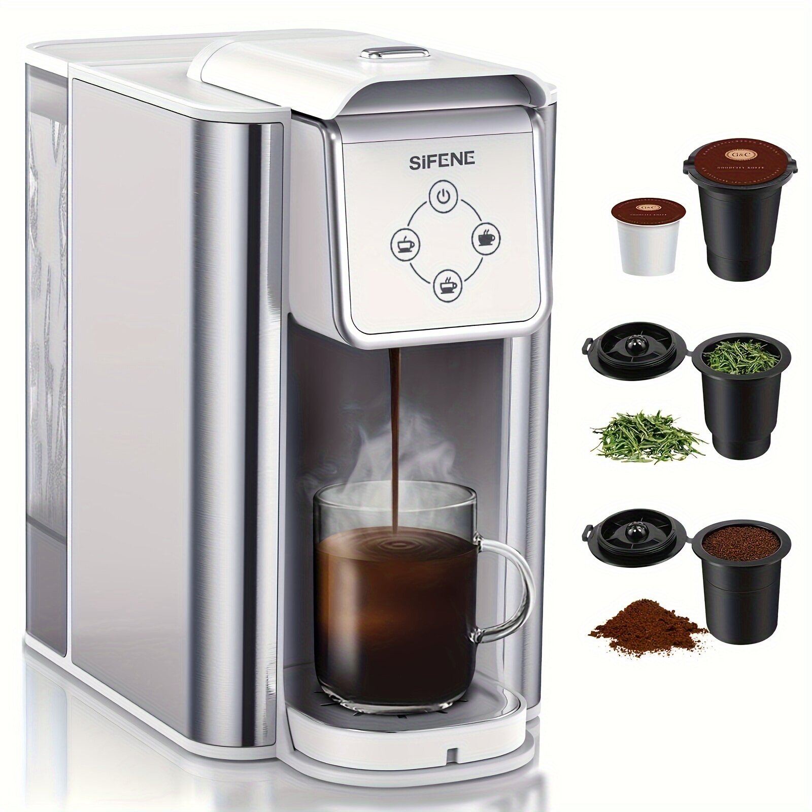 1 шт, Кофеварка SIFENE, 3 в 1, кофемашина для одной порции, для капсул K-Cup, молотого кофе и заваривания чая, размер чашки от 6 до 10 унций, съемный водяной бак на 50 унций, белая