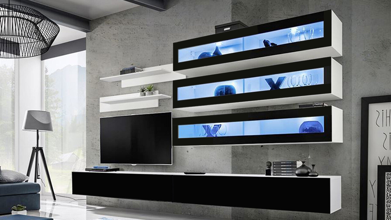 Гостиная 5 Черный 0190 / Белый Фасадный 0101 NEW 320x40x180 см, черный, белый фасадный Фиеста