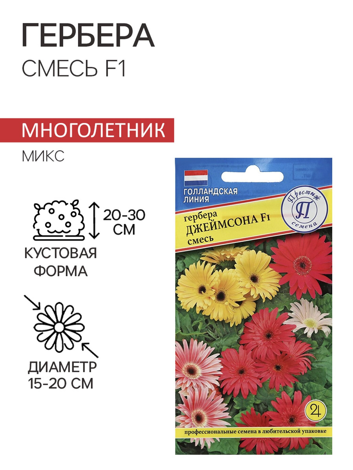 Семена комнатных цветов Гербера «Джеймсона», F1, 5 шт, смесь, «Престиж семена»