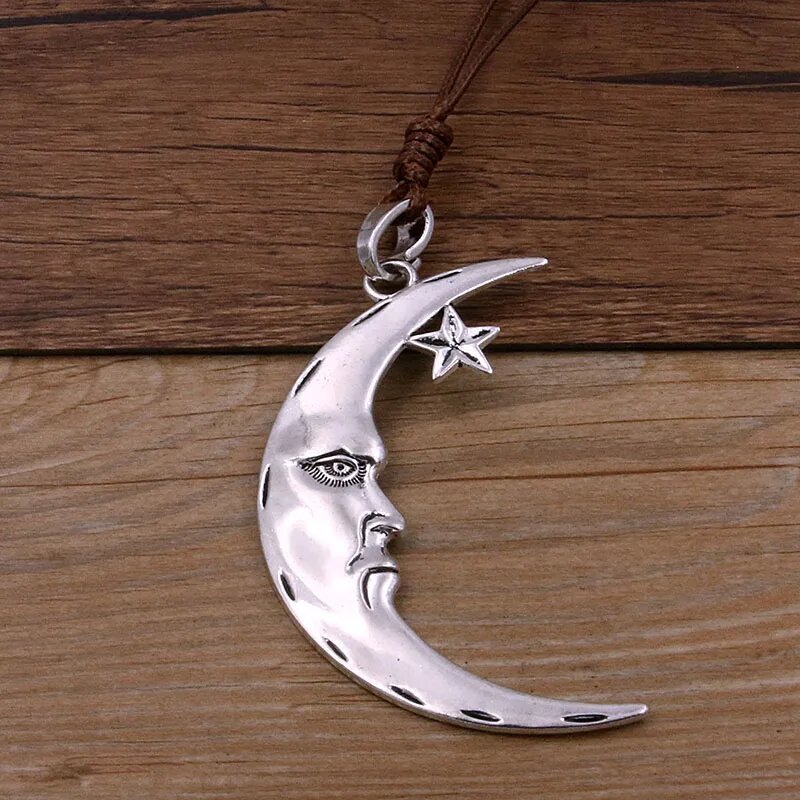 Подвеска Луна с лицом и звездой, Antique silver, кожаный шнур