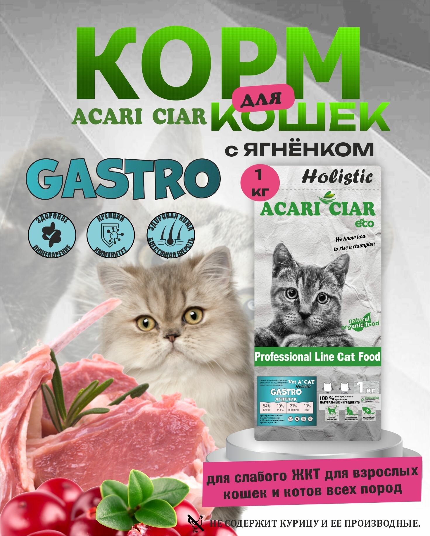 Сухой корм для кошек Acari Ciar Vet A Cat Holistic Gastro Lamb 1 кг мини гранула