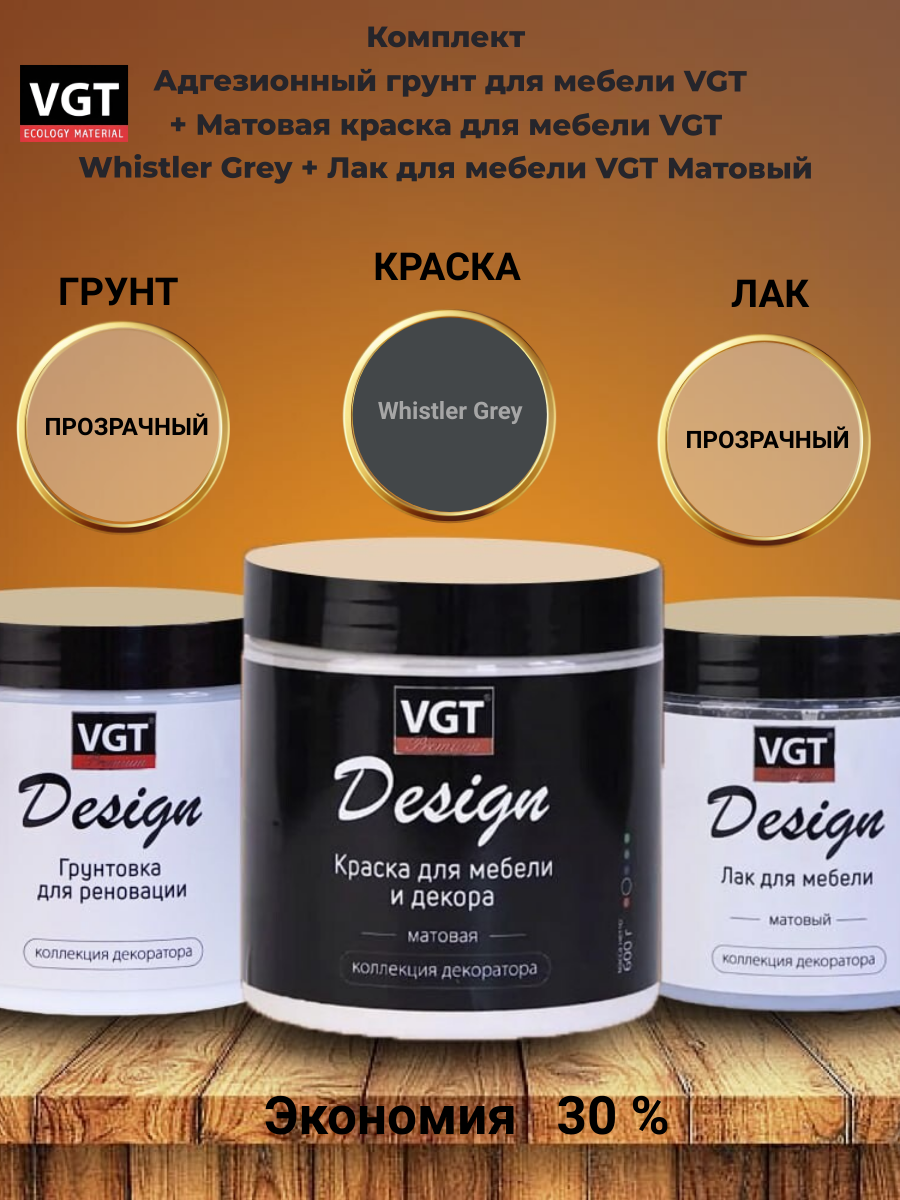 Комплект Адгезионный грунт для мебели VGT + Матовая краска для мебели VGT Whistler Grey + Лак для мебели VGT Матовый