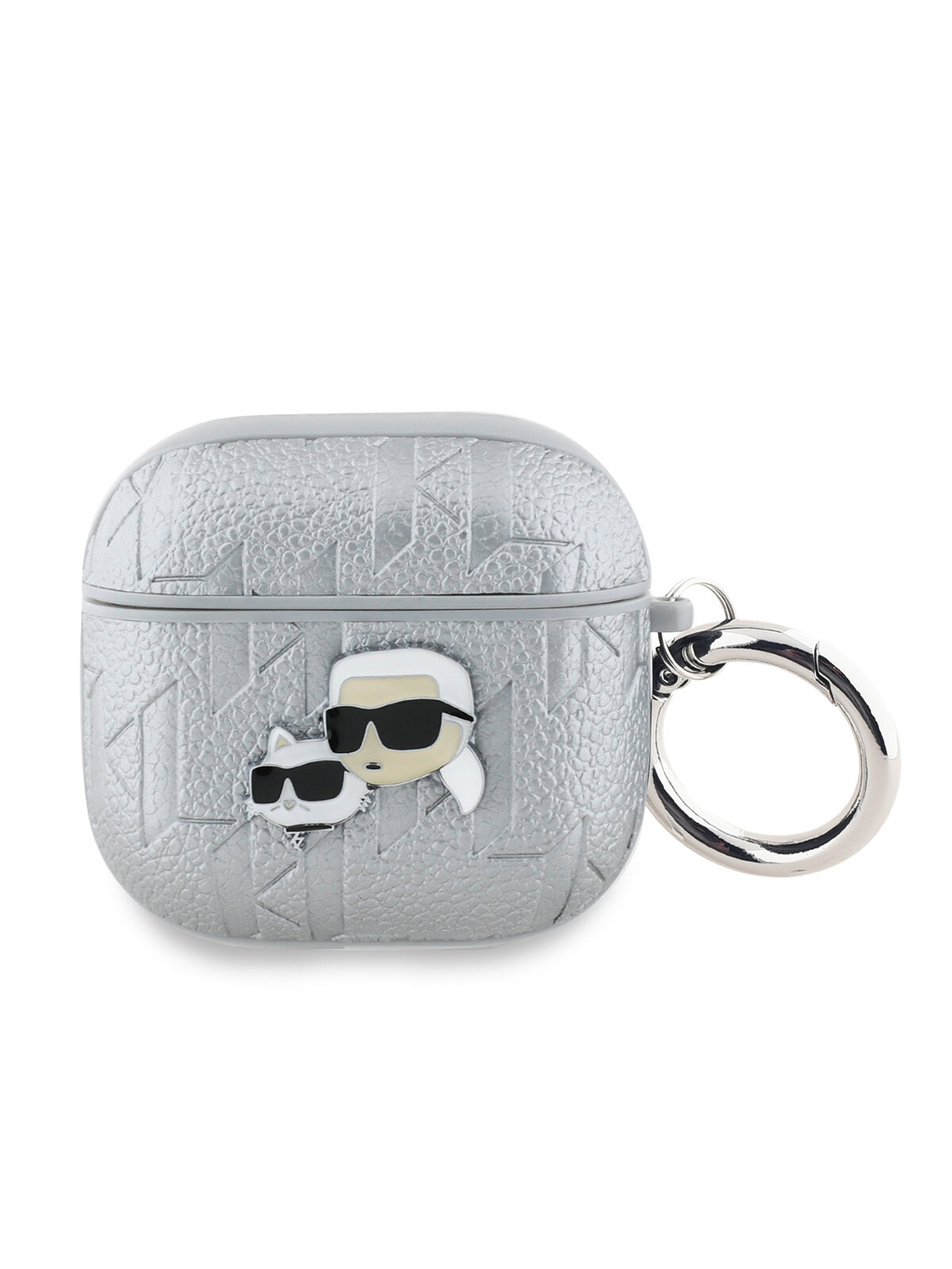 Lagerfeld для Airpods 4 чехол PU Saffiano Monogram with ring NFT Metal Head Karl & Choupette Silver