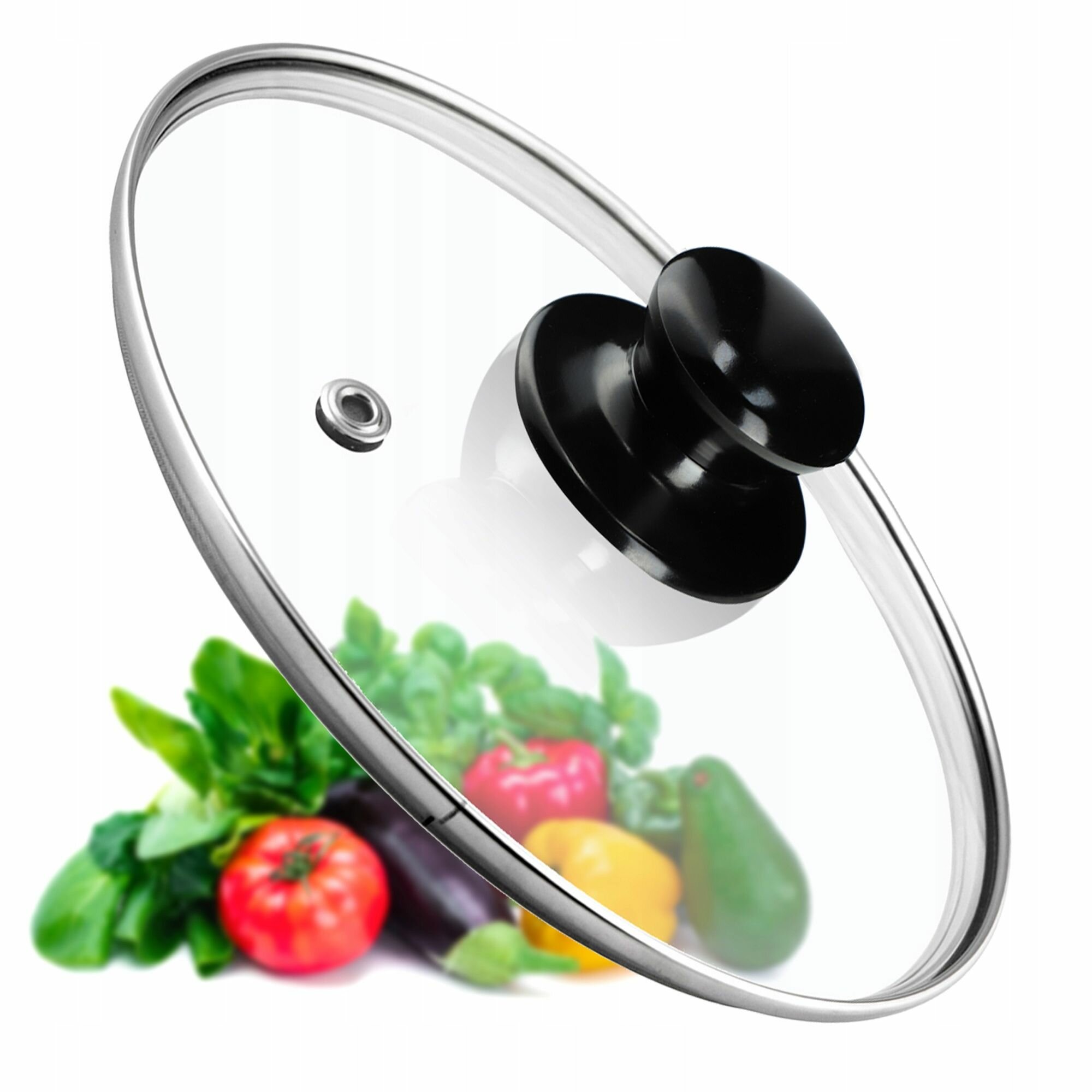 Крышка 32 см стеклянная низкая с пароотводом с металлическим ободком