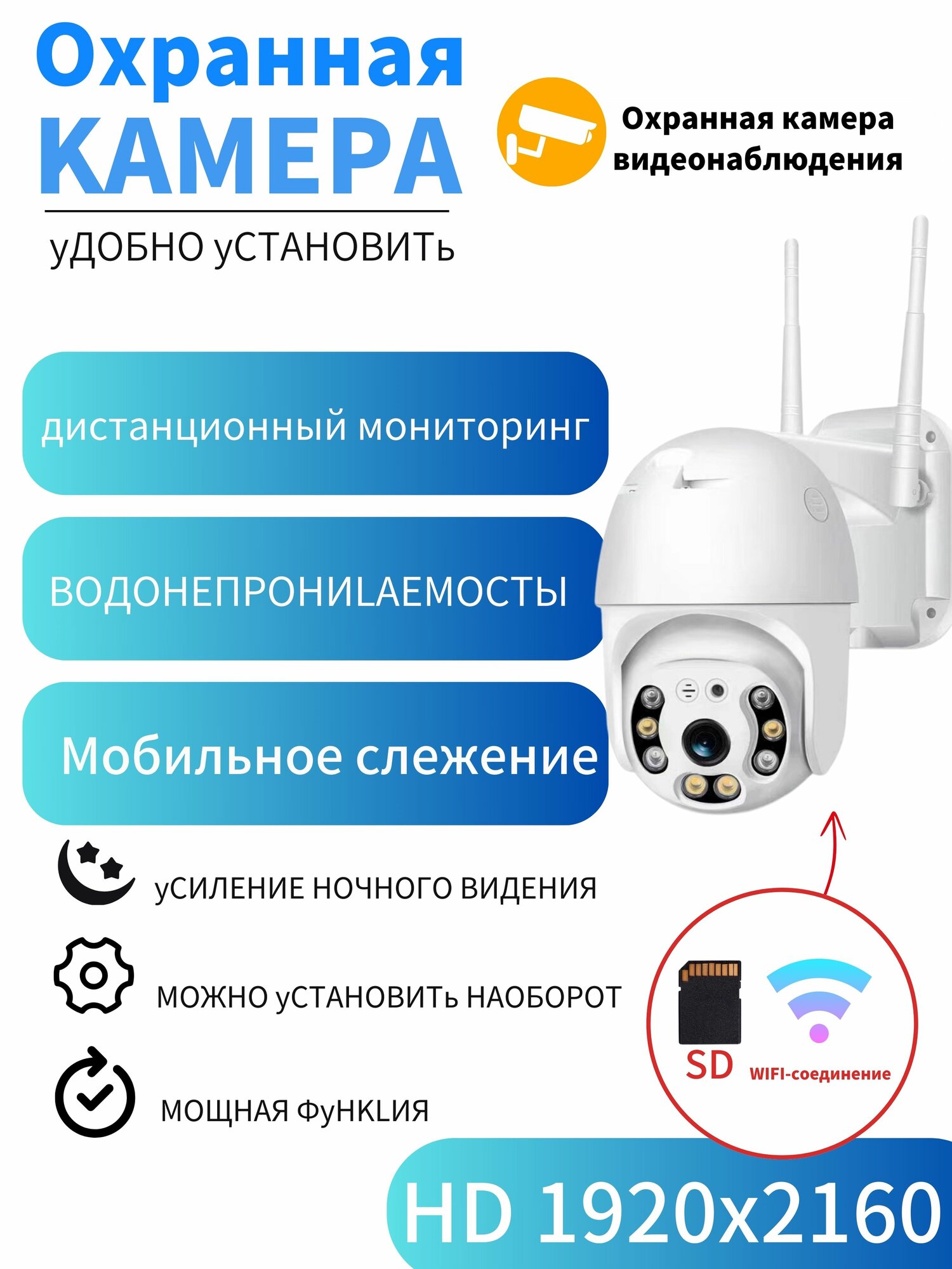 Wi-Fi камера HD 1080P: уличная, ночник, IP65, 2-ст. связь + моб. управление/онлайн просмотр