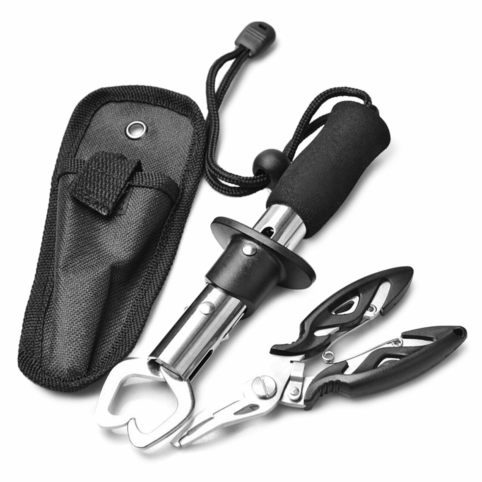 Набор для рыбалки: Рыбацкая хватка для губ рыбы и рыбацкие клещи, Материал: нержавеющая сталь, пластик, пена, Длина хватки: 18см/7.1дюйма, Вес хватки: около 107г/3.8 унции, Максимальная ширина раскрытия хватки: 1.7см/0.7дюйма, Длина клещей: