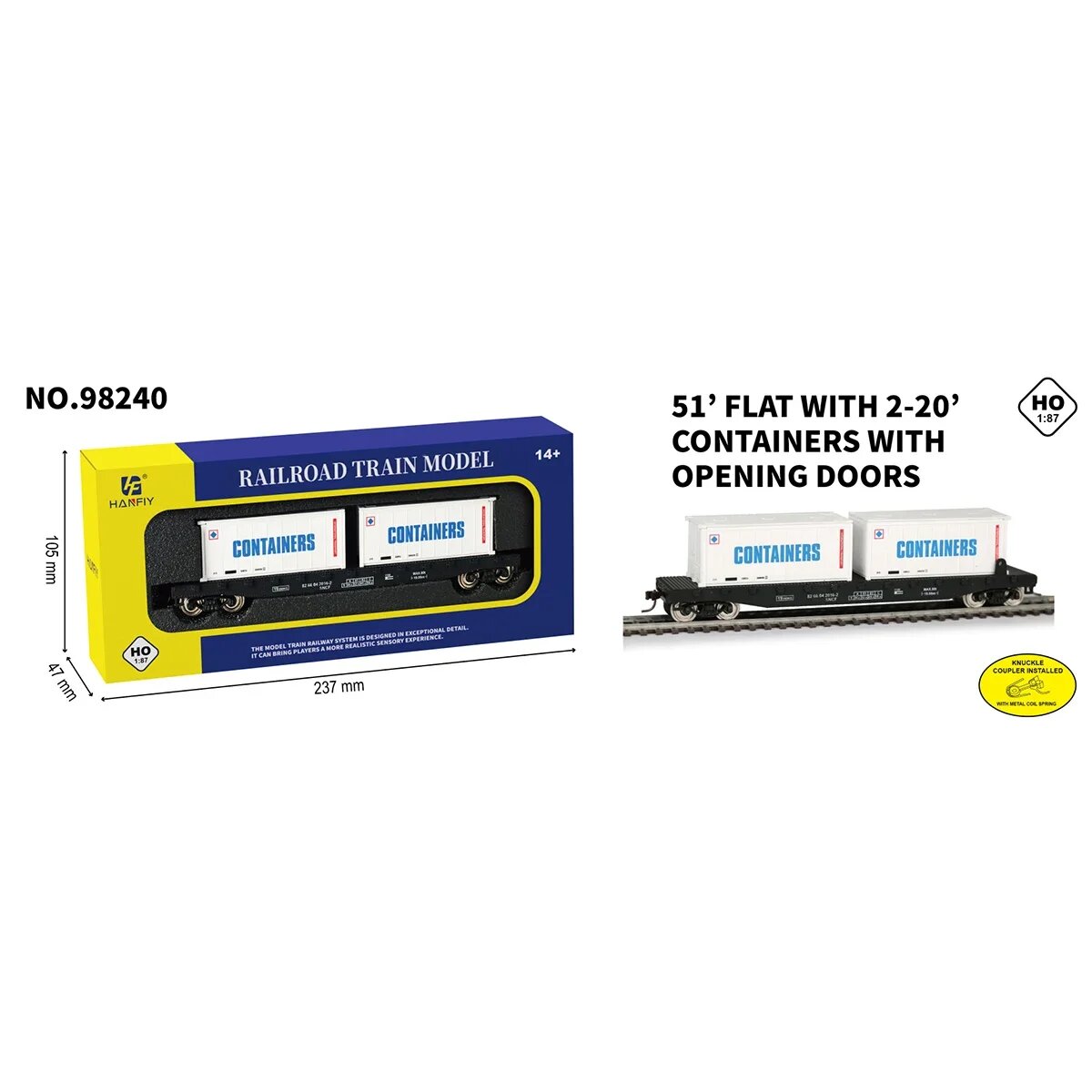 51' Flatcar с 2-20' контейнерами, двери открываются, HO, 98240