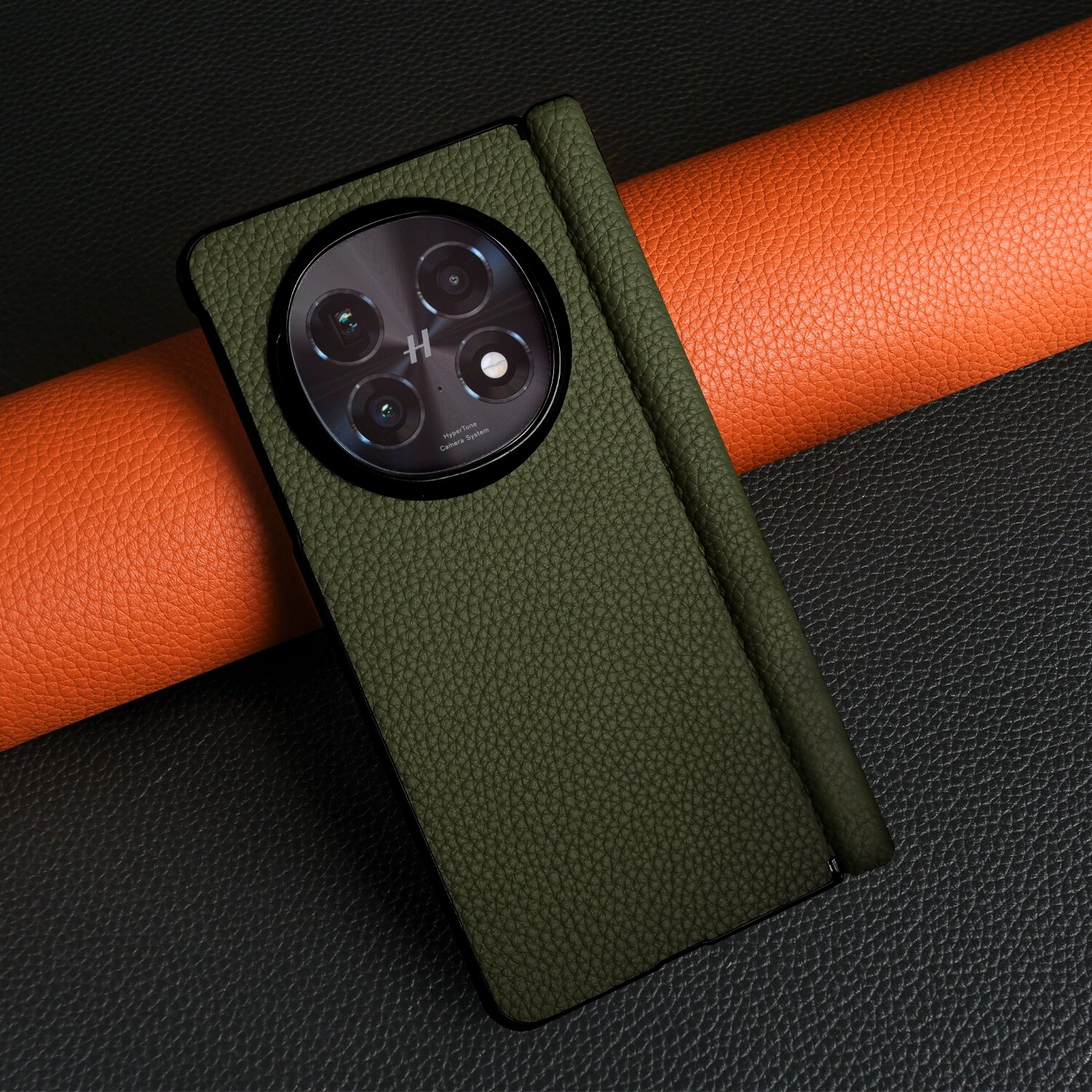 OPPO Find N3 Кожаный чехол с пивотом, односторонний задний боковик, цвет военный зеленый