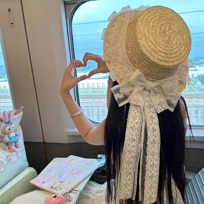 Оригинальная мягкая соломенная шляпа в лесном стиле для девочек, японская соломенная шляпа ручной работы с кружевом и хлопковой нитью, бантом и лентой