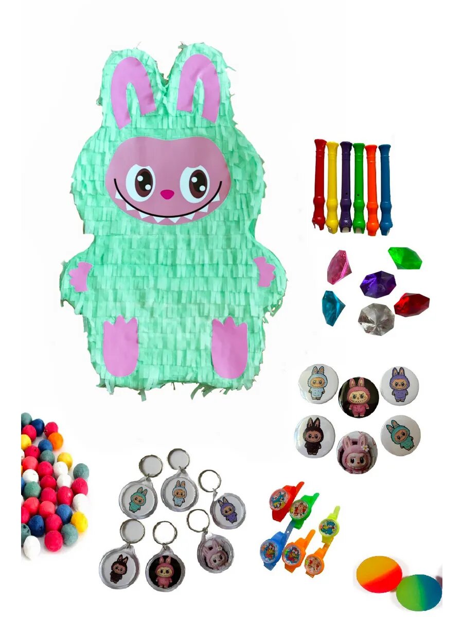 Пиньята "Зайчик Лабубу"с наполнением и битой для разбивания, зеленый цвет, 30x45x12 см