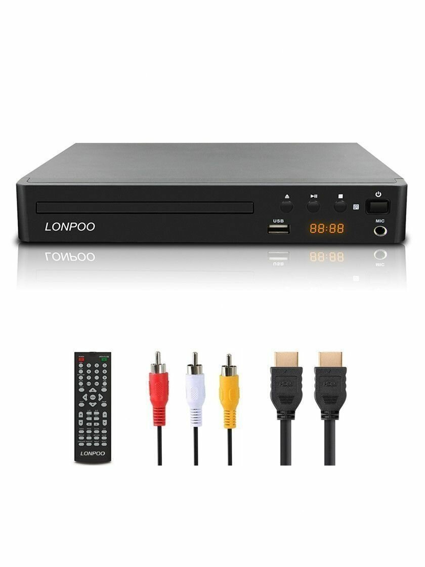 DVD-плеер, Регионфри, разрешение 1080P, вход USB2.0, разъем для микрофона караоке, светодиодный дисплей, компактный DVD-плеер с кабелем HDMI RCA, полнофункциональный пульт дистанционного управления