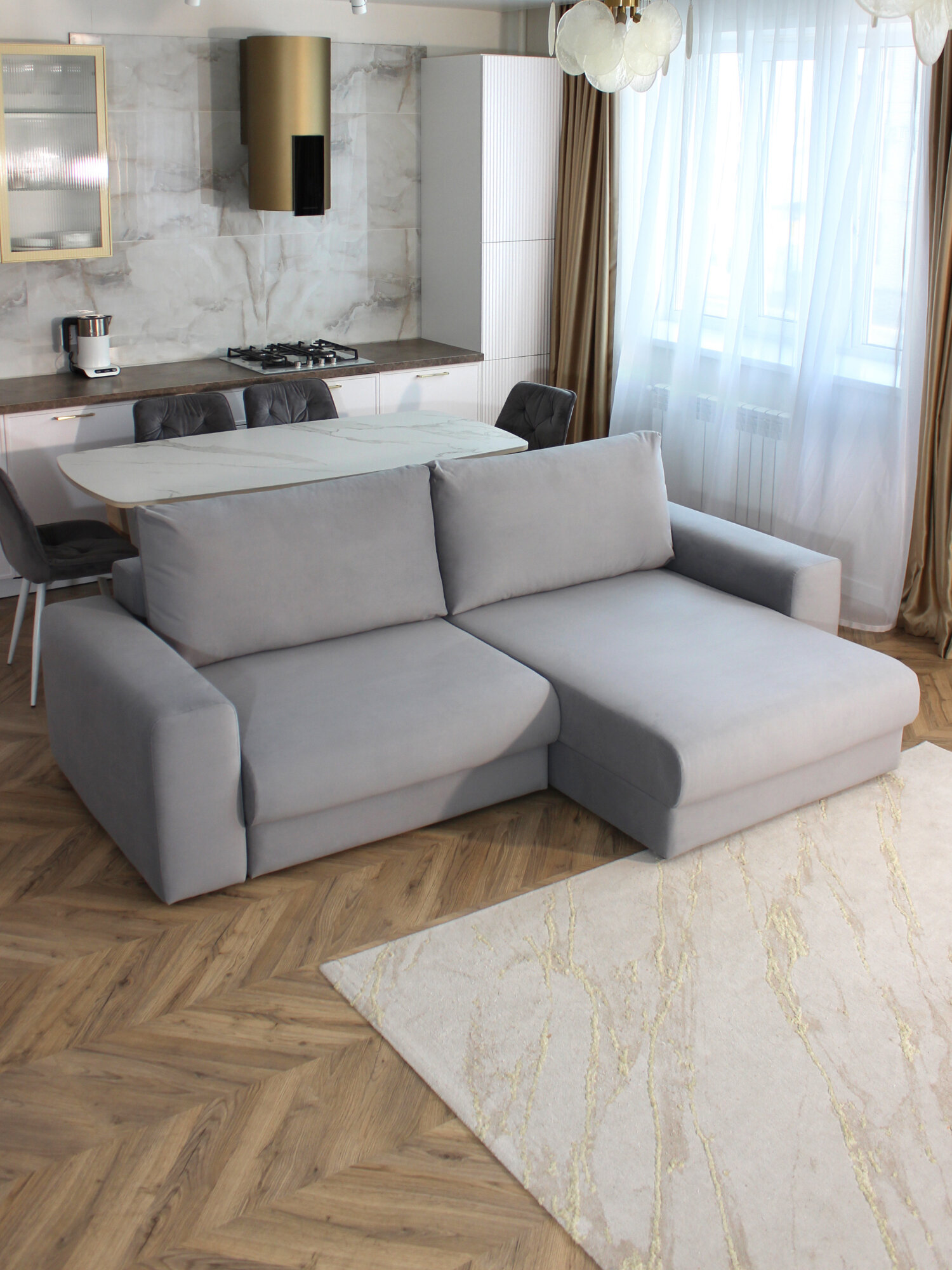 Диван-кровать угловой Лофт светло-серый, правый угол, Независимый Пружинный Блок, механизм выкатная Еврокнижка, 250х155х65 см