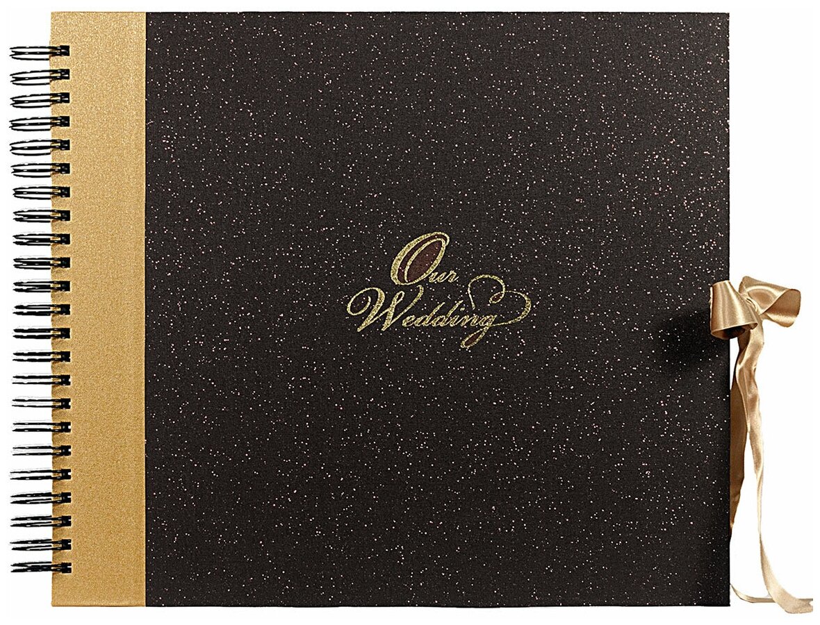 Свадебный фотоальбом, альбом для фотографий с картонными листами 33х31, 60 страниц (30 листов), золотой бант, темно-серый GF 5548