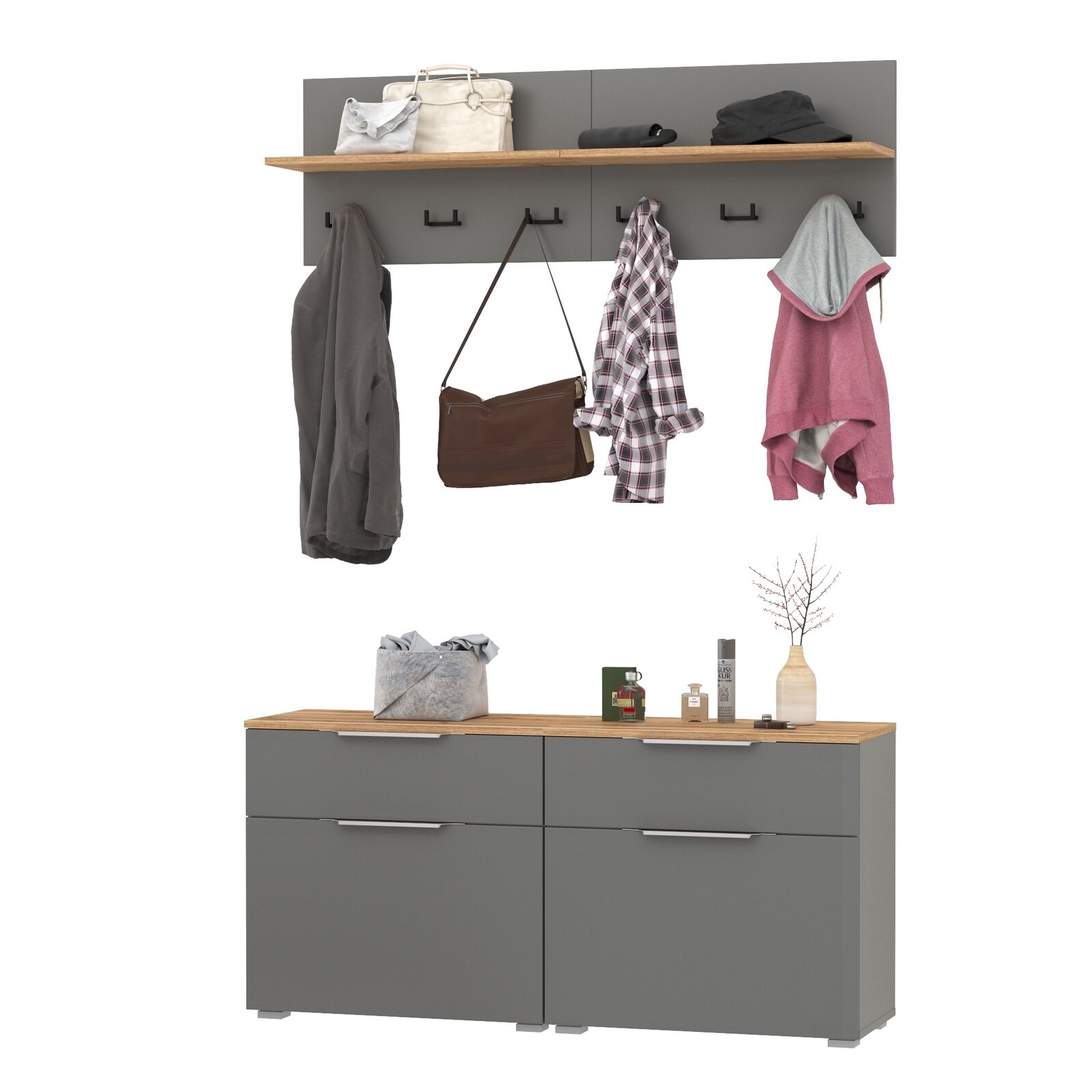 Прихожая комплект мебели для гардеробной, напольная 130см серый графит/дуб крафт золотой/фасады МДФ серый графит