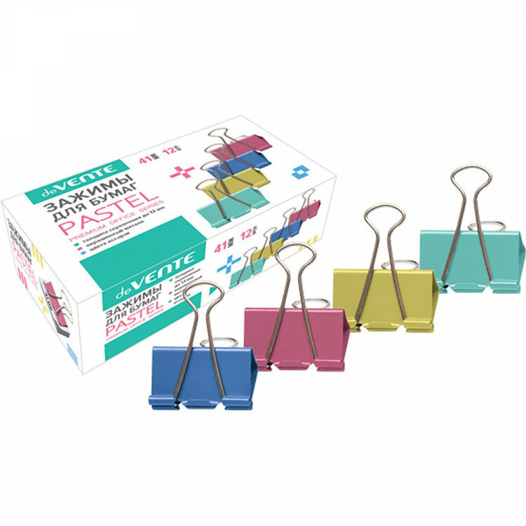 Зажим для бумаги металлический 41мм цветной арт. SBC41C/19304/4131317. Количество в наборе 12 шт.