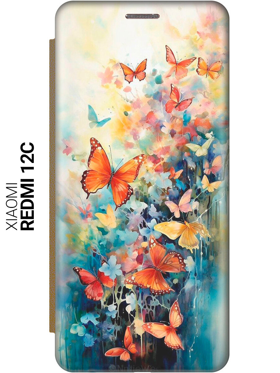 Чехол-книжка на Xiaomi Redmi 12C / Сяоми Редми 12С с рисунком "Бабочки акварелью" золотой