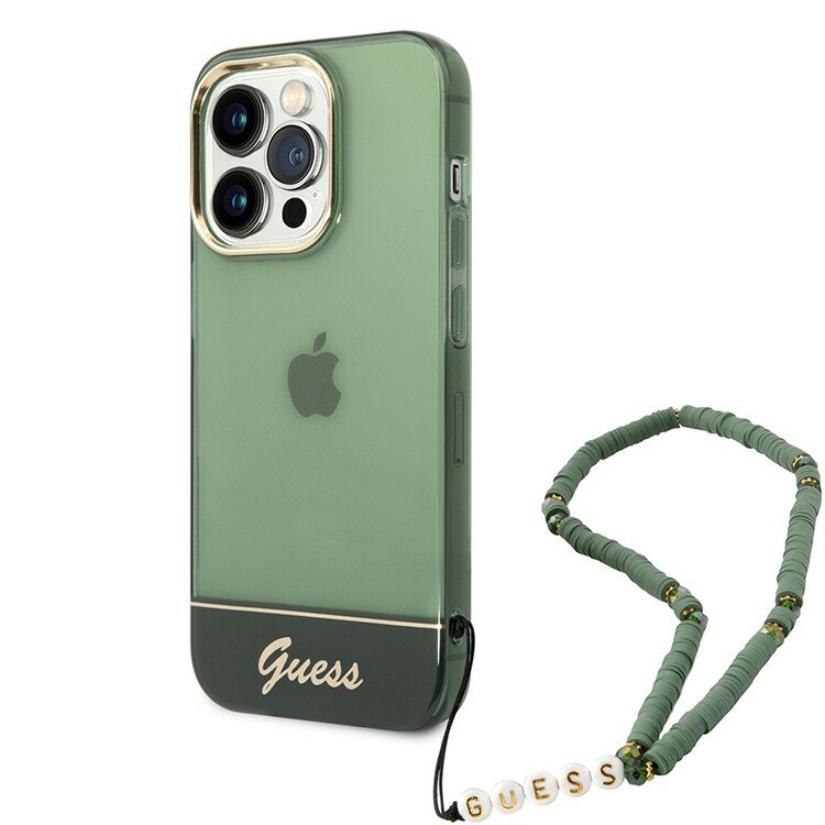 Guess чехол со шнурком для iPhone 14 Pro Max, Translucent Electoplated camera зеленый