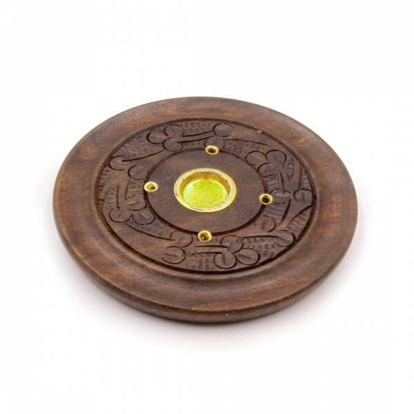 Подставка под благовония тарелочка под конус И четыре палочки (дерево, резьба, диаметр 10 см.), 1 шт.