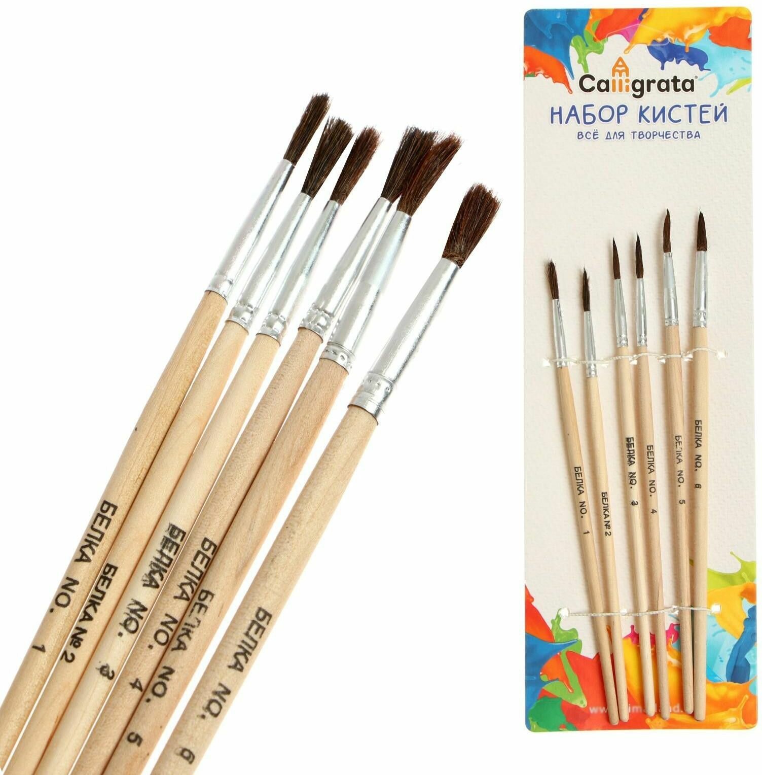 Набор кистей белка круглые для рисования красками, кисточки из натурального ворса с деревянными ручками, канцелярия для школы, творчества, 6 штук