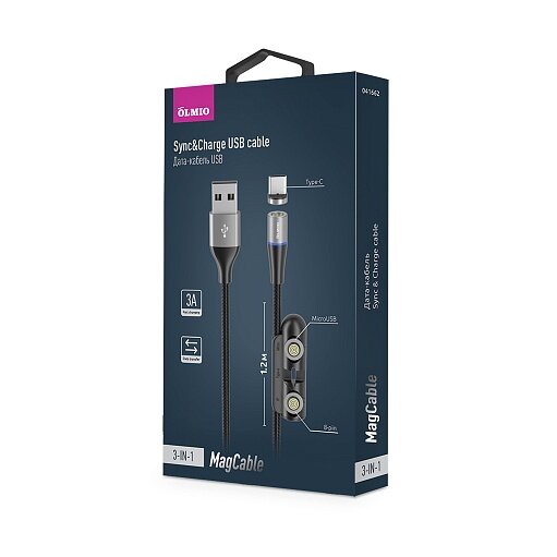 Кабель MAGCable 3in1 USB 2.0-microUSB/typeC/8pin 1.2м,3А, магнитный штекер, текстильная оплетка, olmio