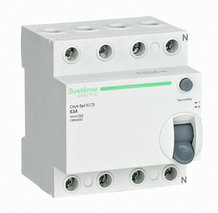 Устройство защитного отключения Systeme Electric / Систем Электрик City9 Set четырехполюсный, в пластиковом корпусе, белый, 63А 6кА 30мА, тип АС, IP20, C9R36463 / УЗО