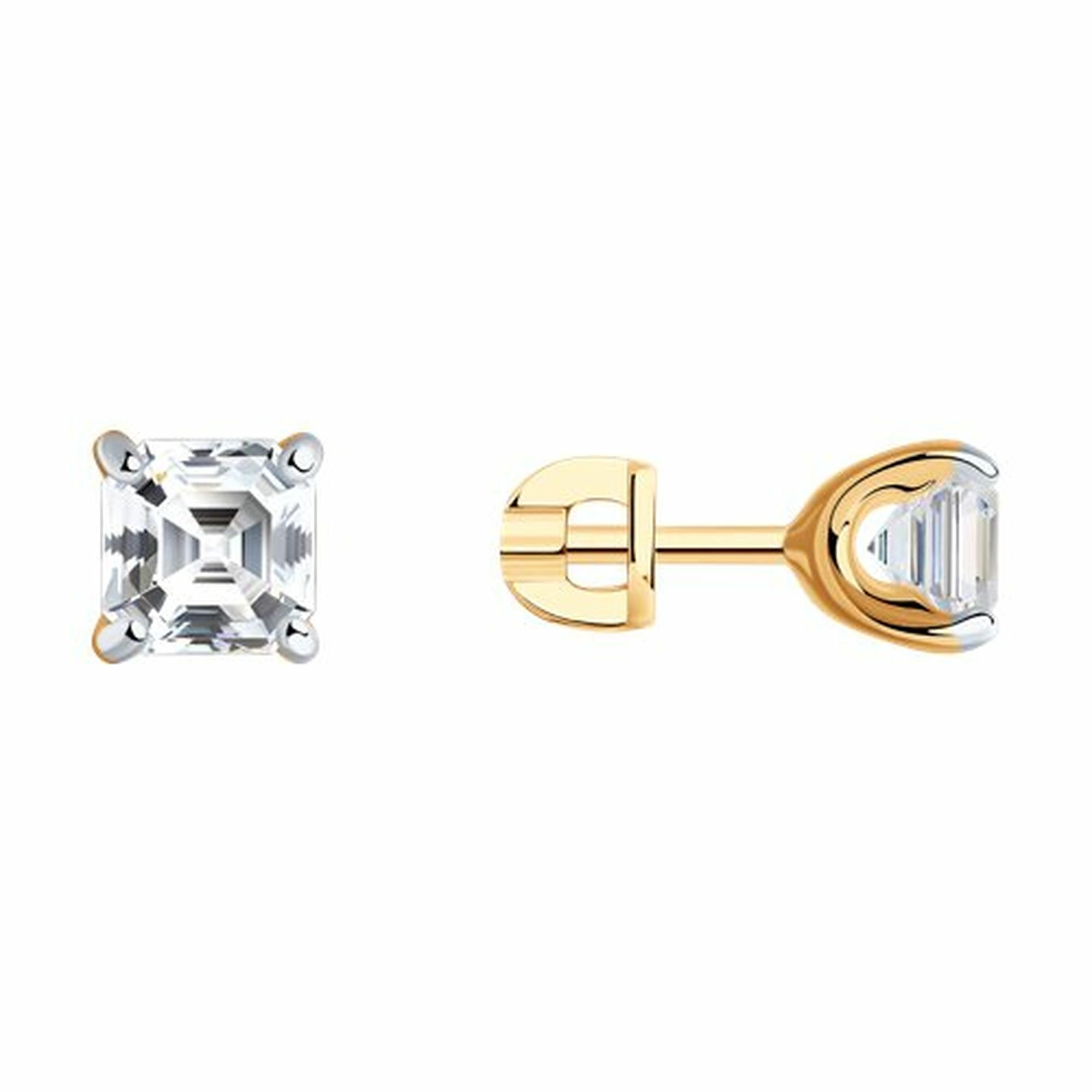 Серьги пусеты, серебро, 925 проба, золочение, фианит