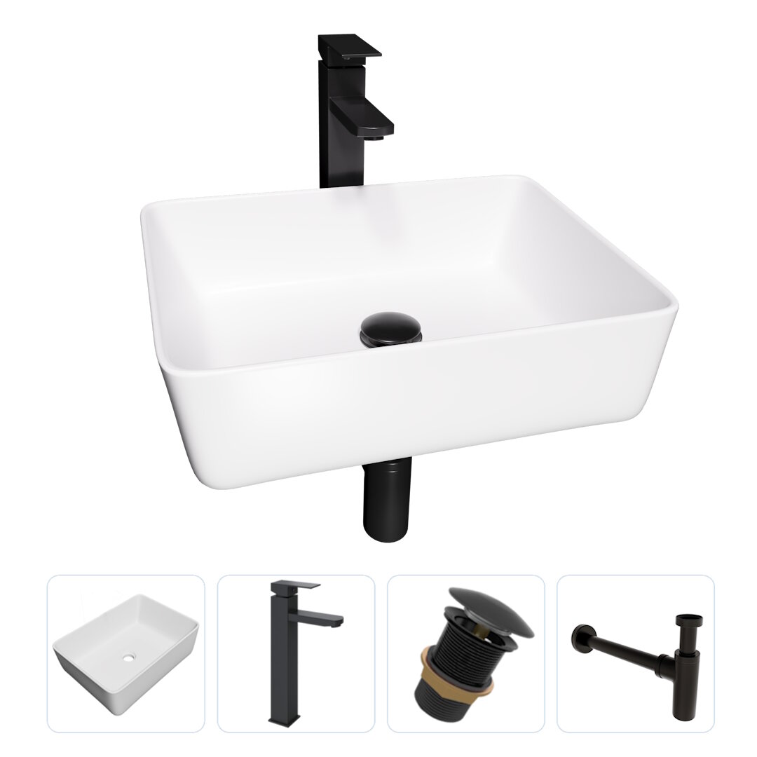 Раковина накладная для ванной Teymi Helmi 50 в комплекте смеситель высокий черный матовый донный клапан клик-клак без перелива черный и сифон черный F13029