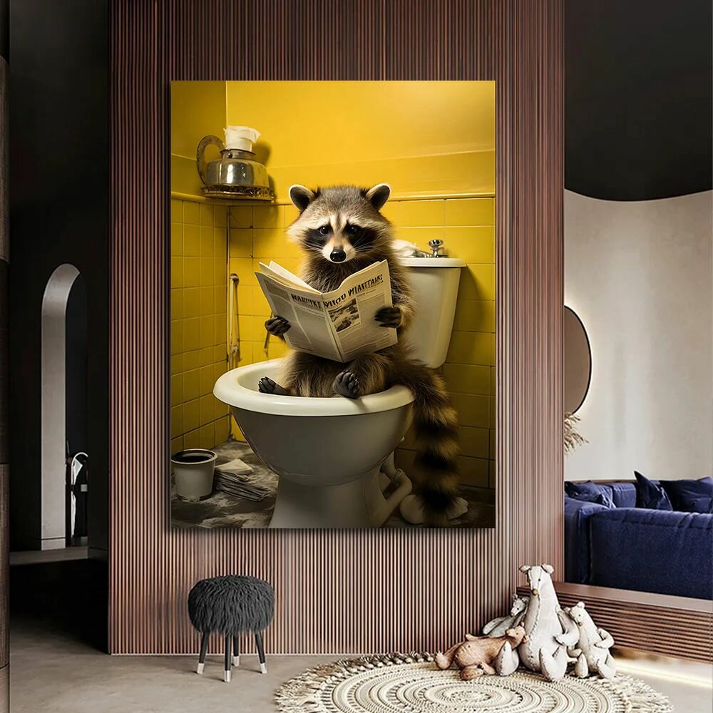 Картина в туалет, ванную комнату Енот читает газету, 60х80 см.