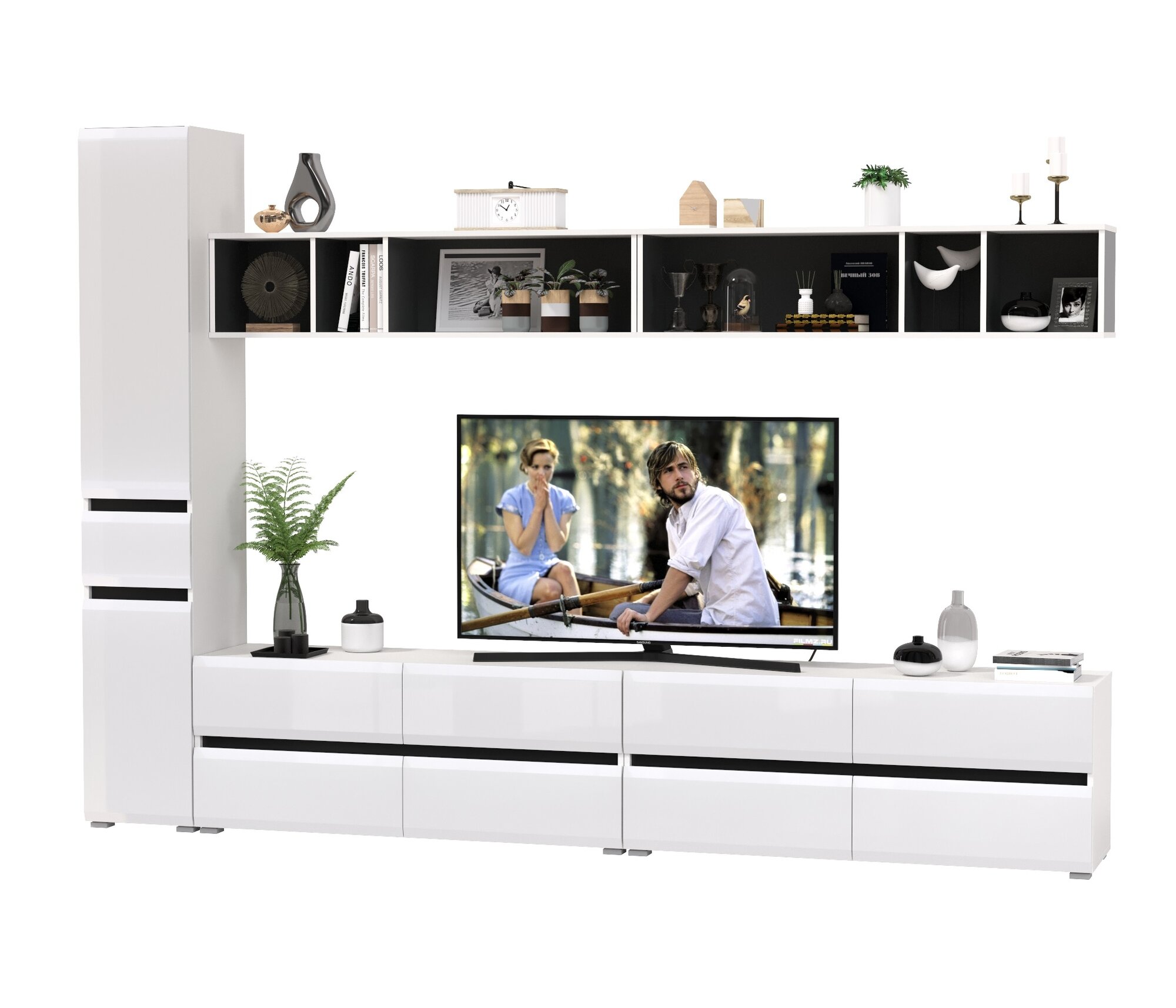 Мебель для гостиной Сидней № 78, цвет белый/чёрный/МДФ белый глянец, 295х41,3х205,2 см.