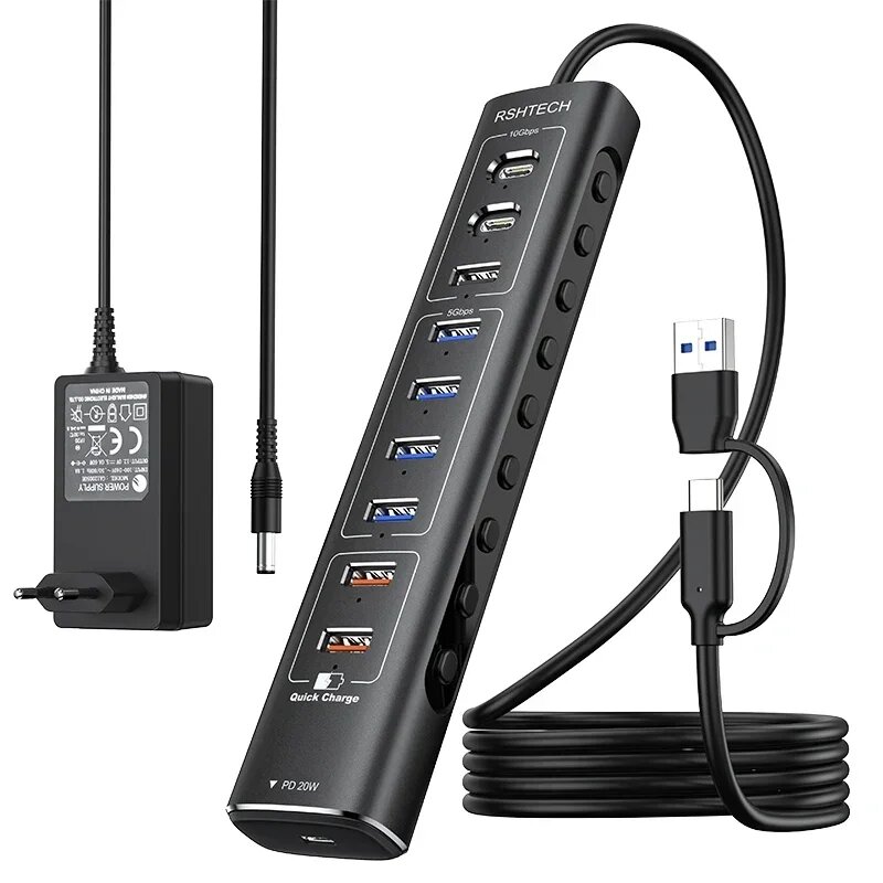 RSHTECH USB 3.2 10-портовый концентратор 10 Гбит/с Type-C PD USB C Мультиконцентратор 60 Вт USB-A 3.2 QC3.0 Порты зарядки Алюминиевый USB-разветвитель для ноутбука