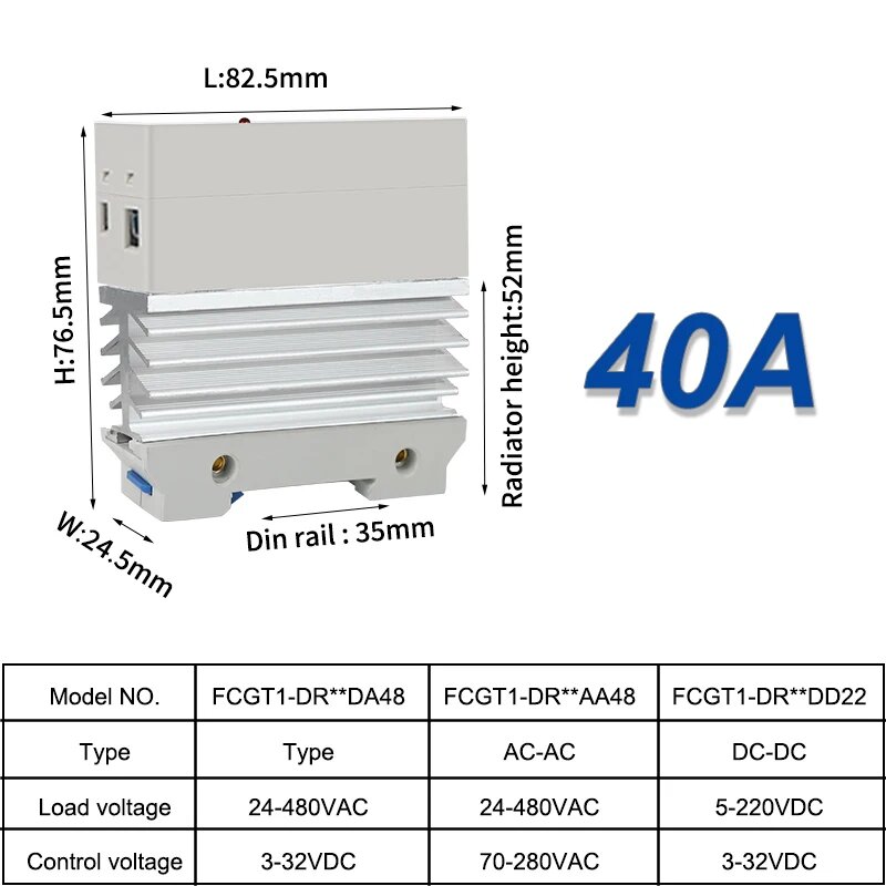 Однофазное твердотельное реле FCGT1-DRDA48 AC control AC, 40A