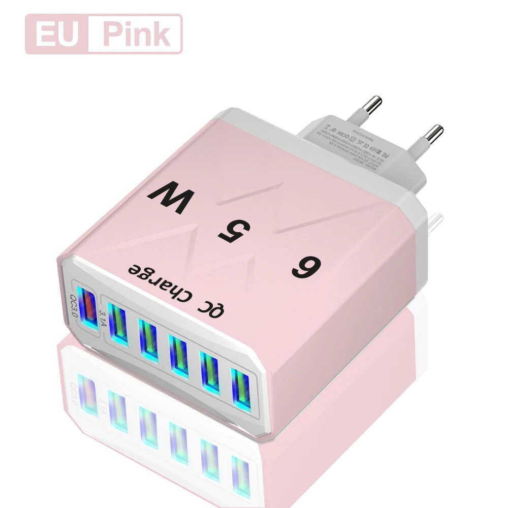USB-зарядное устройство 65 Вт, быстрая зарядка, многопортовое зарядное устройство для Pink EU