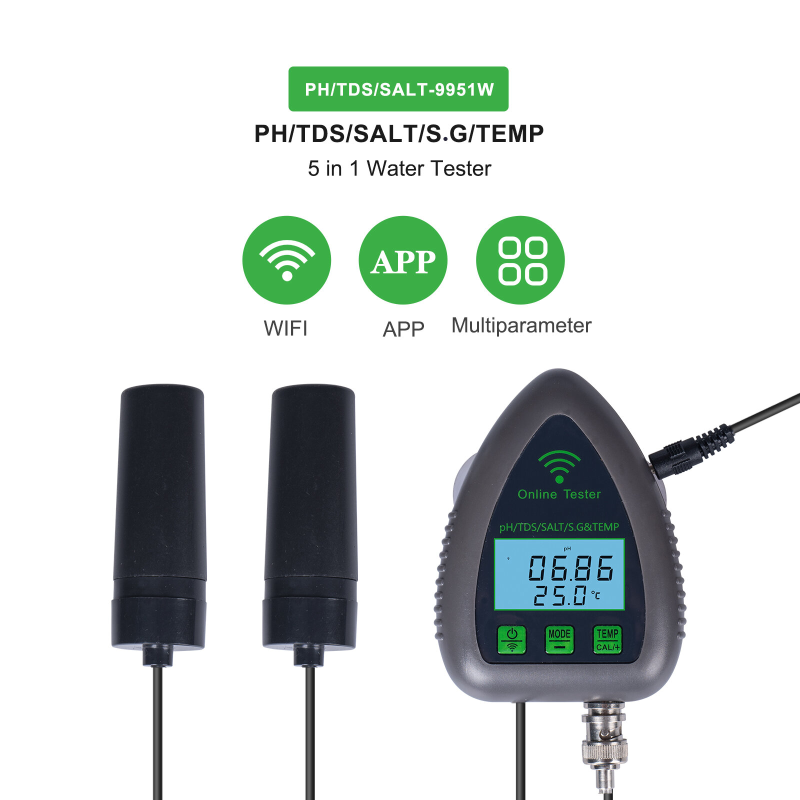 9951W Bluetooth Wifi цифровой тестер качества воды Мини 5 в 1 анализатор воды PH / TDS / SALT / S.G / Температура приложение удаленного мониторинга уведомления о тревоге для питьевой воды аквариум гидропонная лаборатория