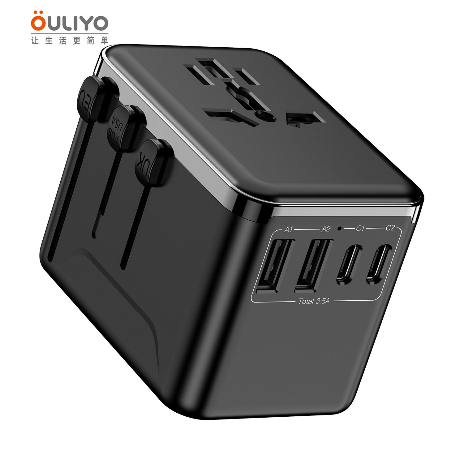 Один адаптер для всего мира: 4 типа вилок (ЕС/UK/US/AU), 3xUSB-C + 2xUSB-A + розетка 2500Вт, компактный дизайн-----A01-2A2C(3.5A)