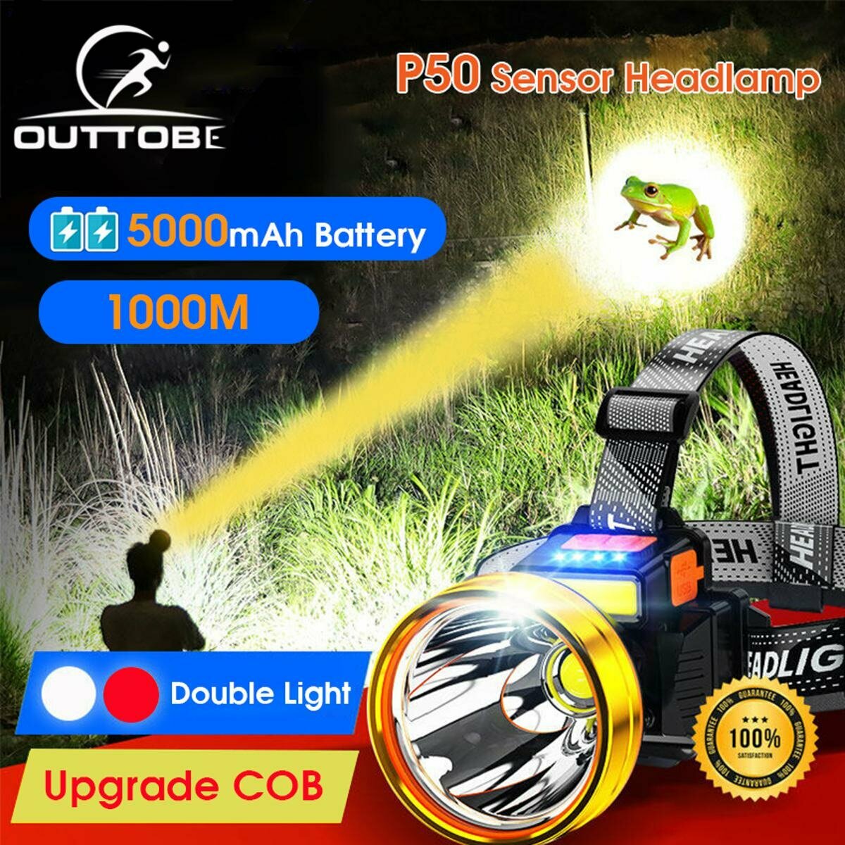 Outtobe Upgrade Headlamp LED Sensor Headlamp T6 Headlight USB Rechargeable Flashlight Встроенный фонарик с 2 батареями 1